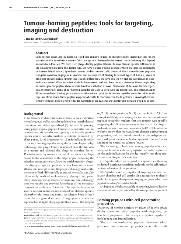 (PDF) Tumour-homing peptides: tools for targeting, imaging and destruction