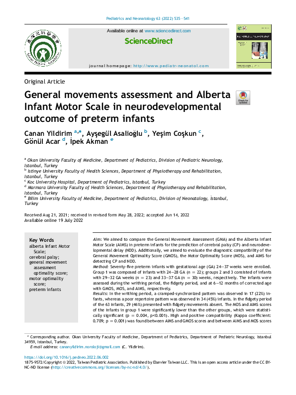 (PDF) General Movements Assessment and Alberta Infant Motor Scale in ...