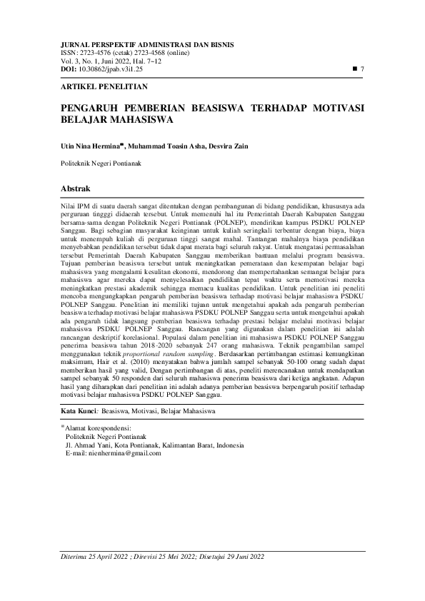 (PDF) Pengaruh Pemberian Beasiswa Terhadap Motivasi Belajar Mahasiswa