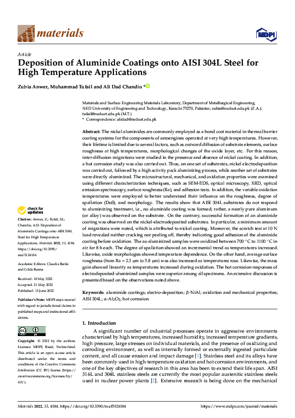 (PDF) Deposition of Aluminide Coatings onto AISI 304L Steel for High Temperature Applications