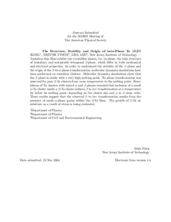 (PDF) The Structure, Stability and Origin of beta-Phase Ta