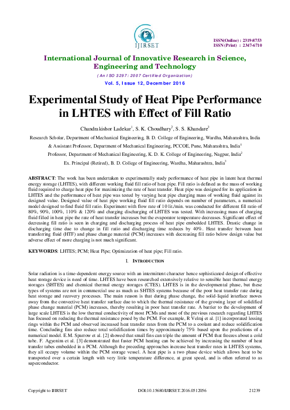 (PDF) Experimental Study of Heat Pipe Performance in LHTES with Effect ...