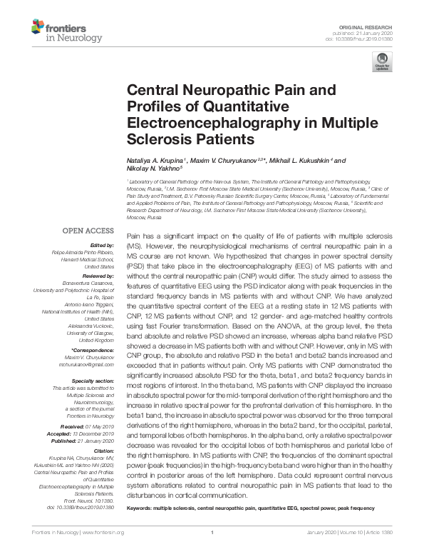 (PDF) Central Neuropathic Pain and Profiles of Quantitative Electroencephalography in Multiple ...
