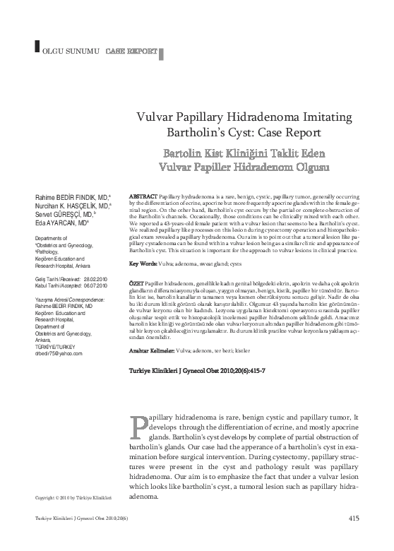 (PDF) Vulvar Papillary Hidradenoma Imitating Bartholin? s Cyst: Case Report