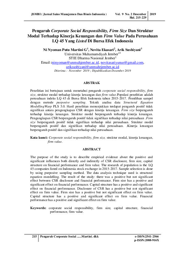 (PDF) Pengaruh Corporate Social Responsibility, Firm Size Dan Struktur Modal Terhadap Kinerja ...