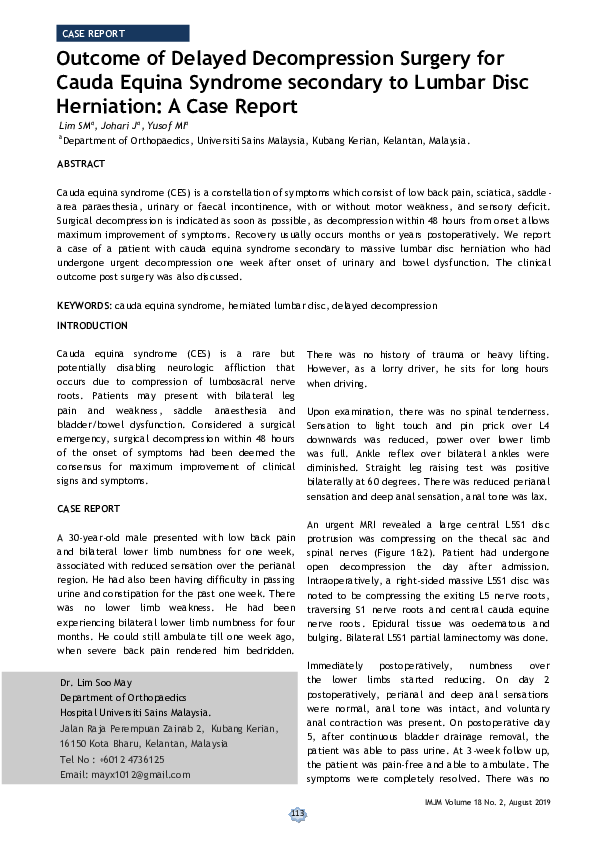 (PDF) Outcome of Delayed Decompression Surgery for Cauda Equina ...