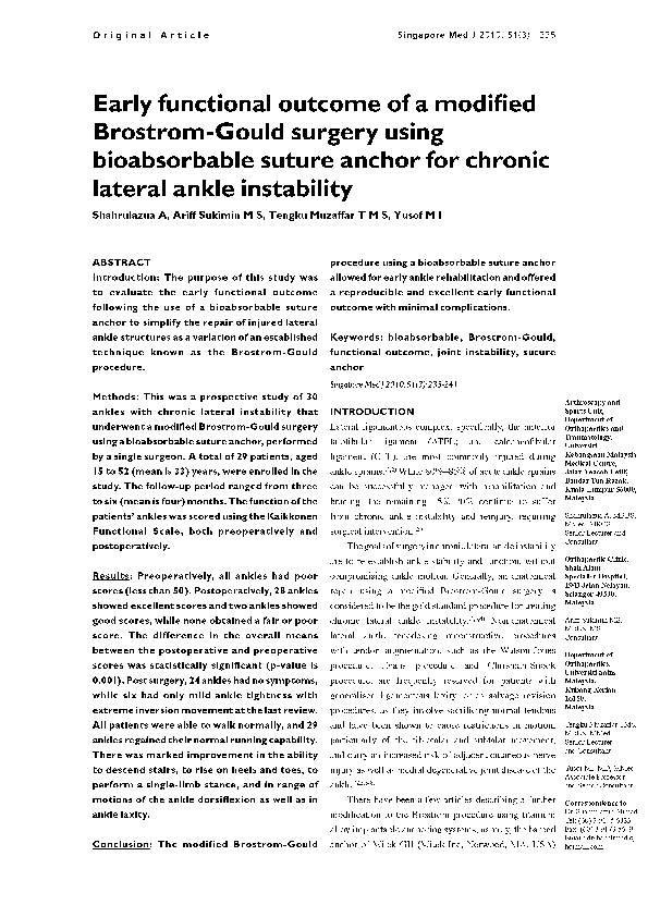 (PDF) Early functional outcome of a modified Brostrom-Gould surgery ...
