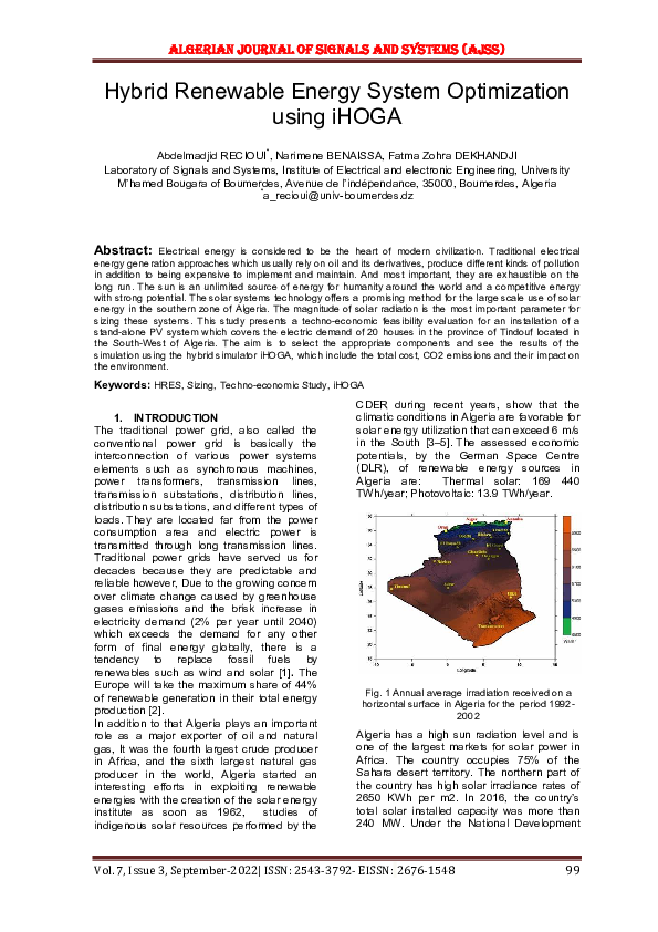 Pdf Hybrid Renewable Energy System Optimization Using Ihoga