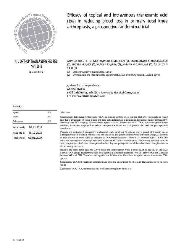 (PDF) Efficacy of topical and intravenous tranexamic acid(txa) in ...
