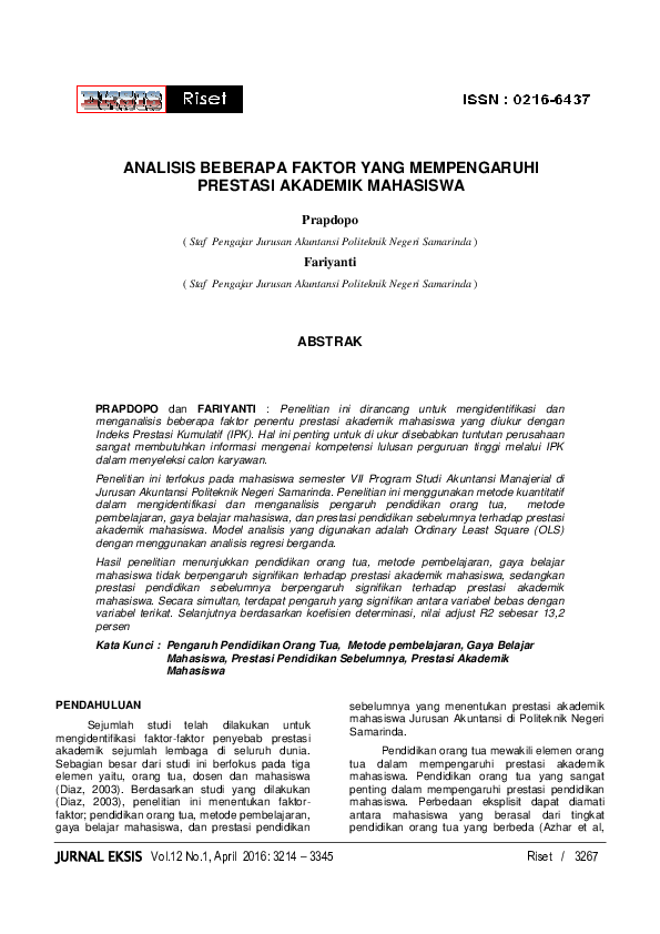 (PDF) Analisis Beberapa Faktor Yang Mempengaruhi Prestasi Akademik Mahasiswa