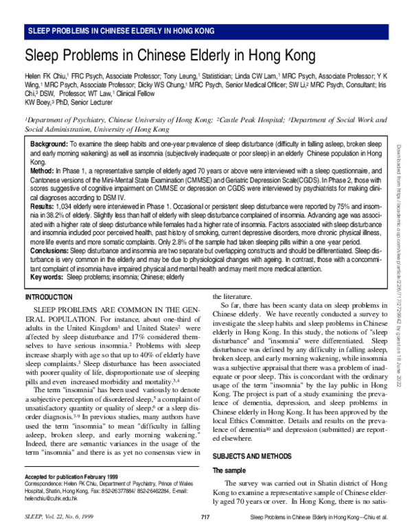 (PDF) Sleep Problems in Chinese Elderly in Hong Kong