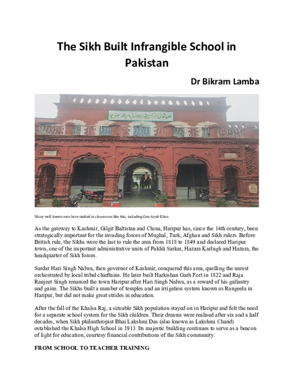 (DOC) The Sikh Built Infrangible School in Pakistan