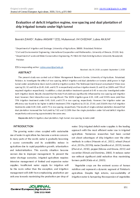 (PDF) Evaluation of deficit irrigation regime, row spacing and dual ...