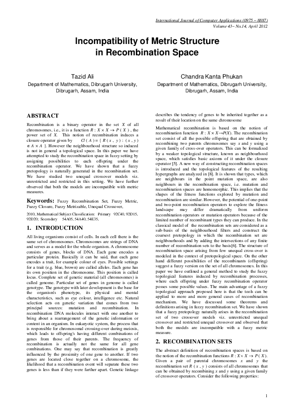(PDF) Incompatibility of Metric Structure in Recombination Space