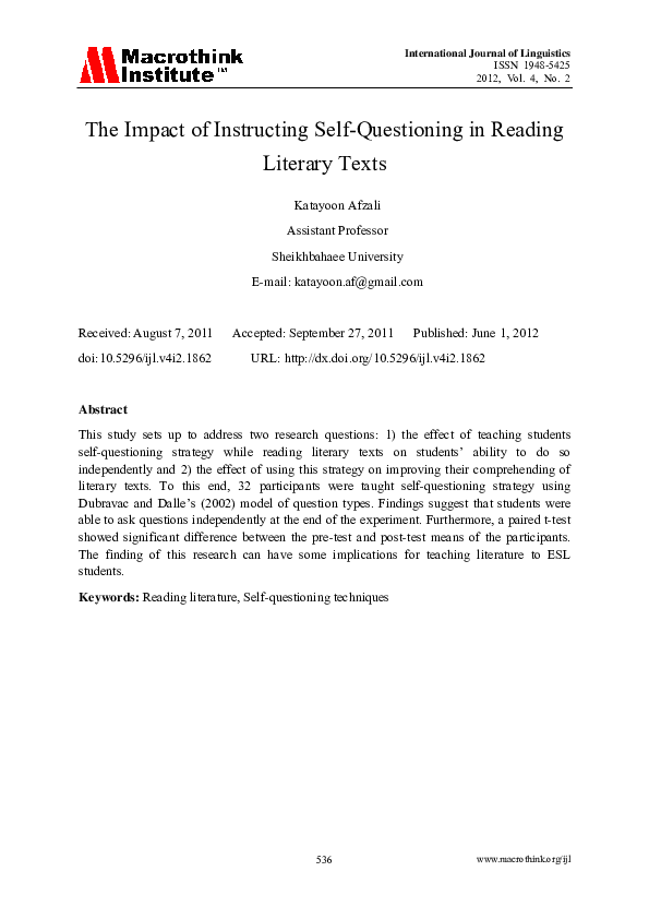 (PDF) The Impact of Instructing Self-Questioning in Reading Literary Texts