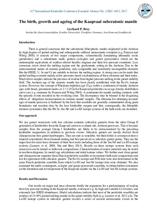 (PDF) The birth, growth and ageing of the Kaapvaal subcratonic mantle