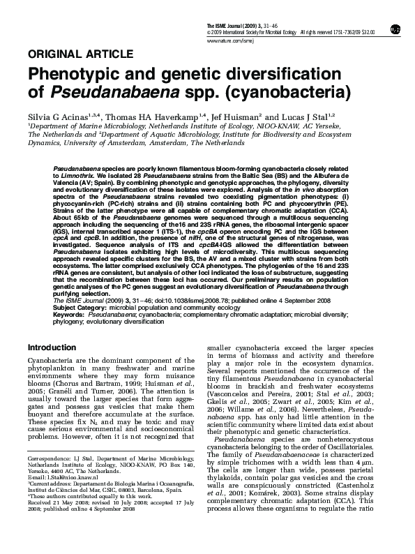 (PDF) Phenotypic and genetic diversification of Pseudanabaena spp. (cyanobacteria) | S. Acinas ...