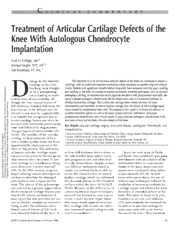 (PDF) Treatment of Articular Cartilage Defects of the Knee With ...