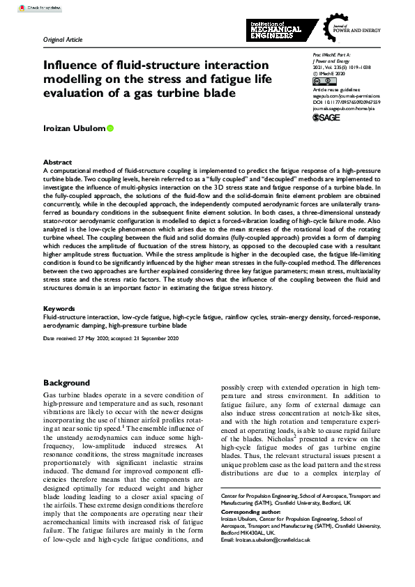 Pdf Influence Of Fluid Structure Interaction Modelling On The Stress And Fatigue Life