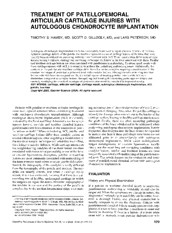 (PDF) Treatment of patellofemoralarticular cartilage injuries with ...