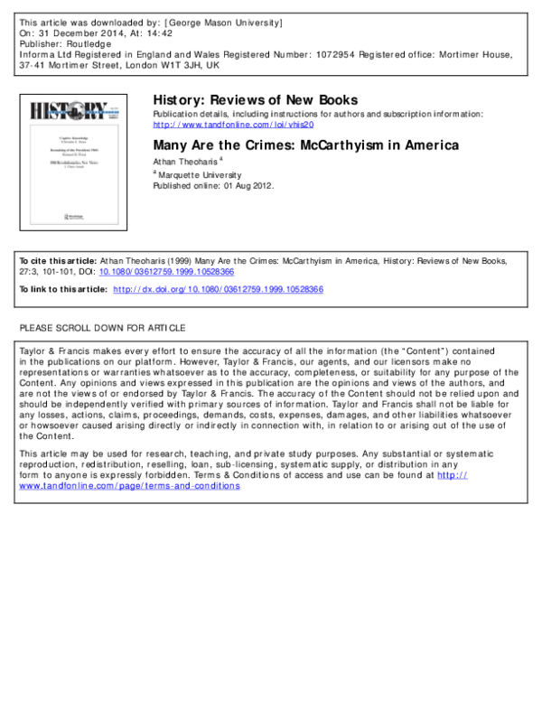 (PDF) Many Are the Crimes: McCarthyism in America