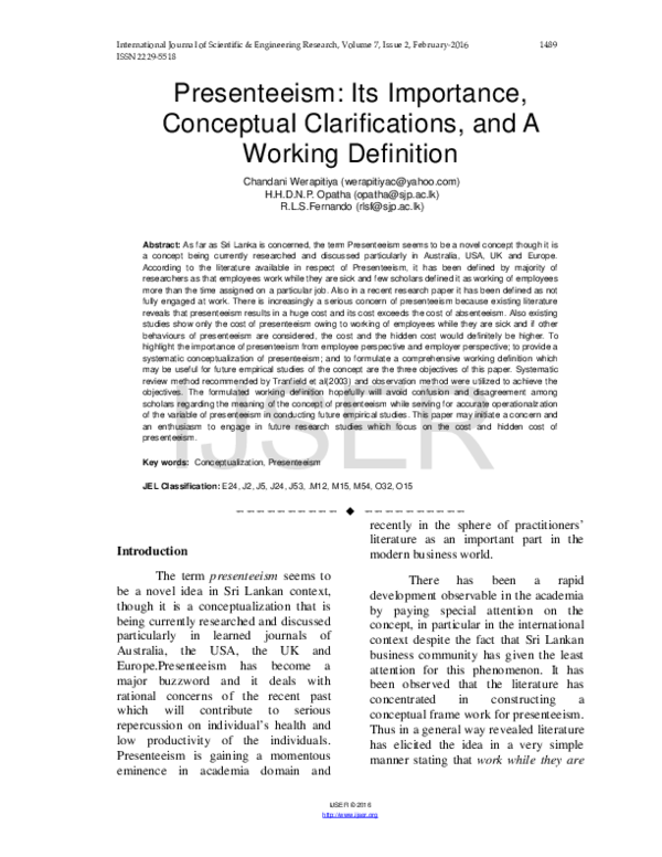 (PDF) Presenteeism: Its Importance, Conceptual Clarifications, and a ...