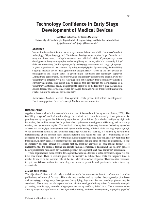 (PDF) Technology Confidence in Early Stage Development of Medical Devices