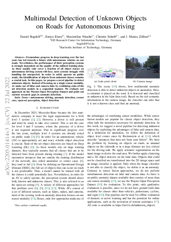 Pdf Multimodal Detection Of Unknown Objects On Roads For Autonomous 3345