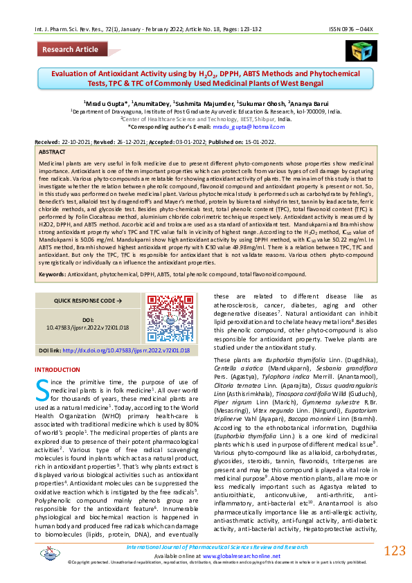 Pdf Evaluation Of Antioxidant Activity Using By H2o2 Dpph Abts