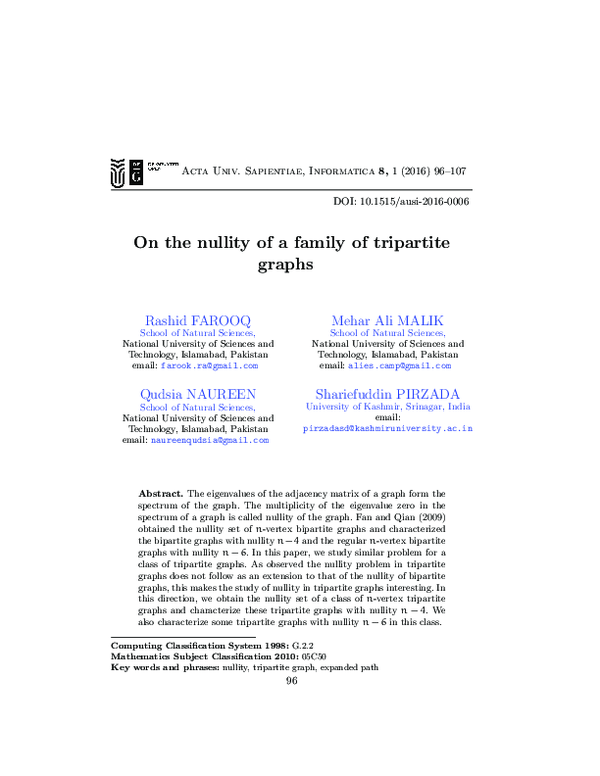 (PDF) On the nullity of a family of tripartite graphs