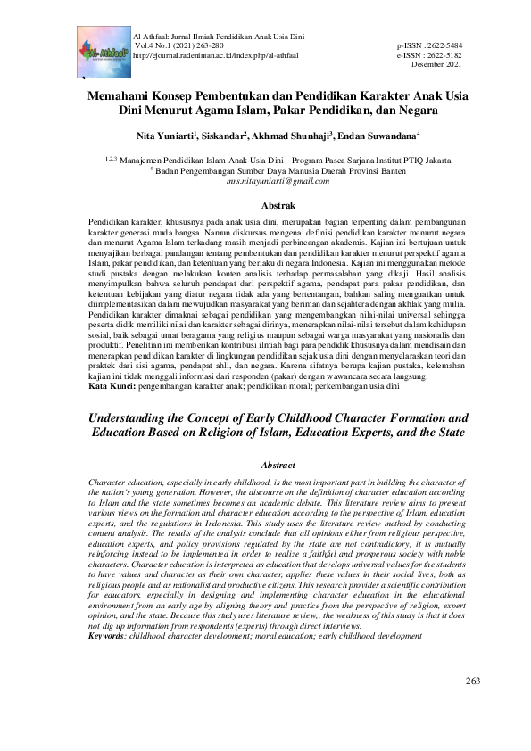 (PDF) Memahami Konsep Pembentukan dan Pendidikan Karakter Anak Usia Dini Menurut Agama Islam ...