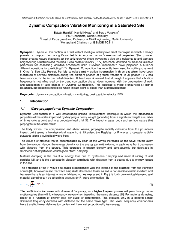 Pdf Dynamic Compaction Vibration Monitoring In A Saturated Site