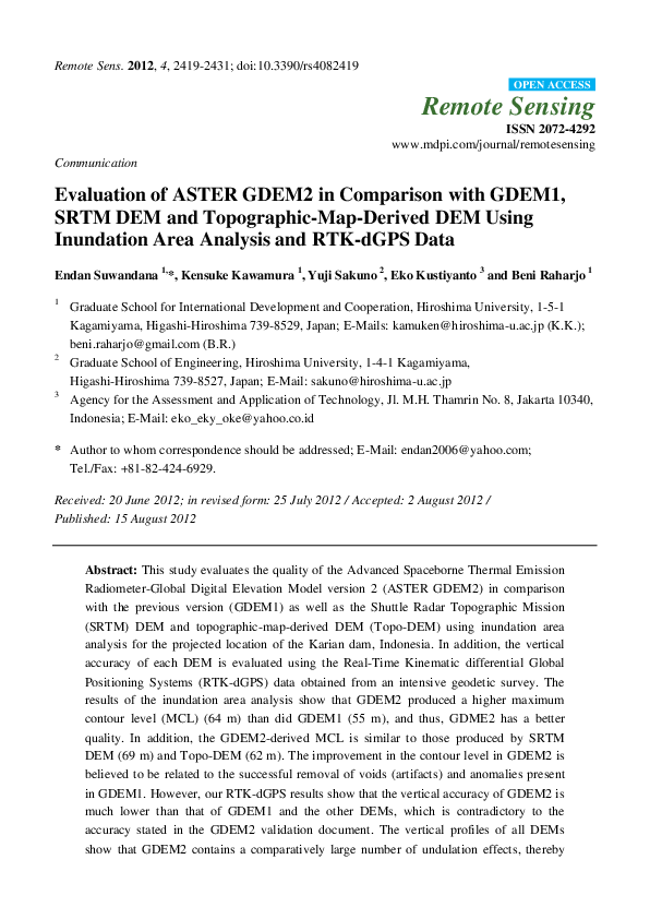 (PDF) Evaluation of aster GDEM2 in comparison with GDEM1, SRTM DEM and topographic-map-derived ...