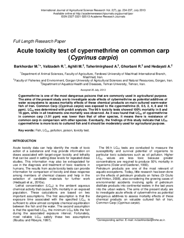 (PDF) Acute toxicity test of cypermethrine on common carp (Cyprinus carpio)