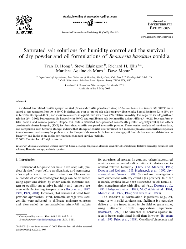(PDF) Saturated salt solutions for humidity control and the survival of ...