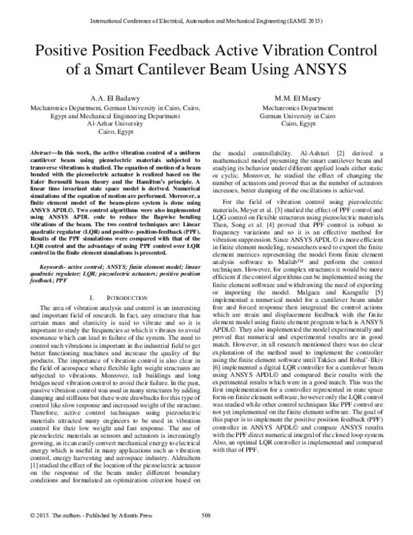 (PDF) Positive Position Feedback Active Vibration Control of a Smart ...