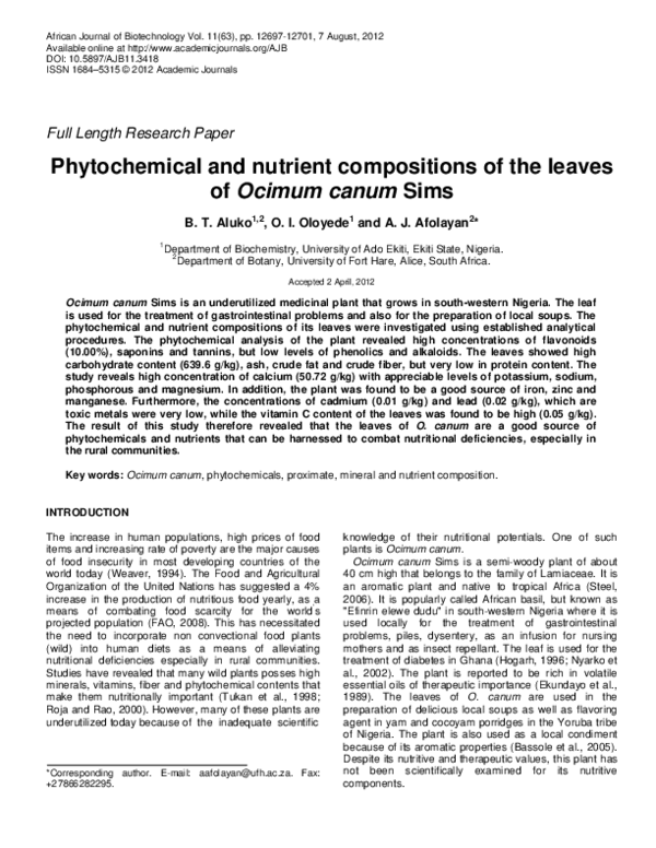 (PDF) Phytochemical and nutrient compositions of the leaves of Ocimum canum Sims