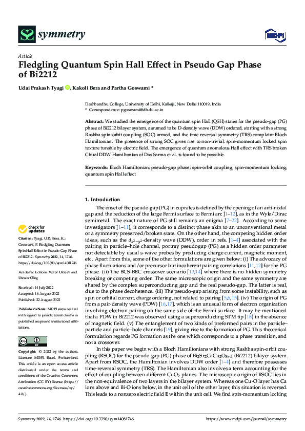 (PDF) Fledgling Quantum Spin Hall Effect in Pseudo Gap Phase of Bi2212