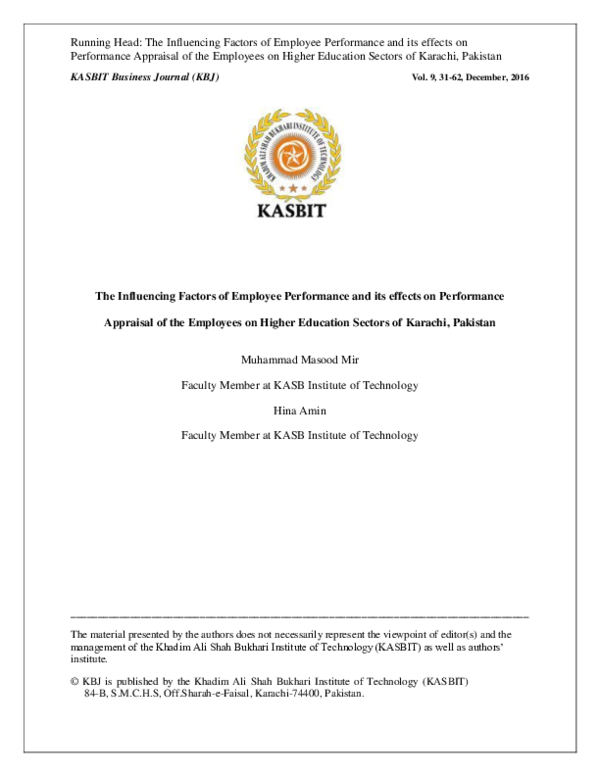 Pdf The Influencing Factors Of Employee Performance And Its Effects On Performance Appraisal