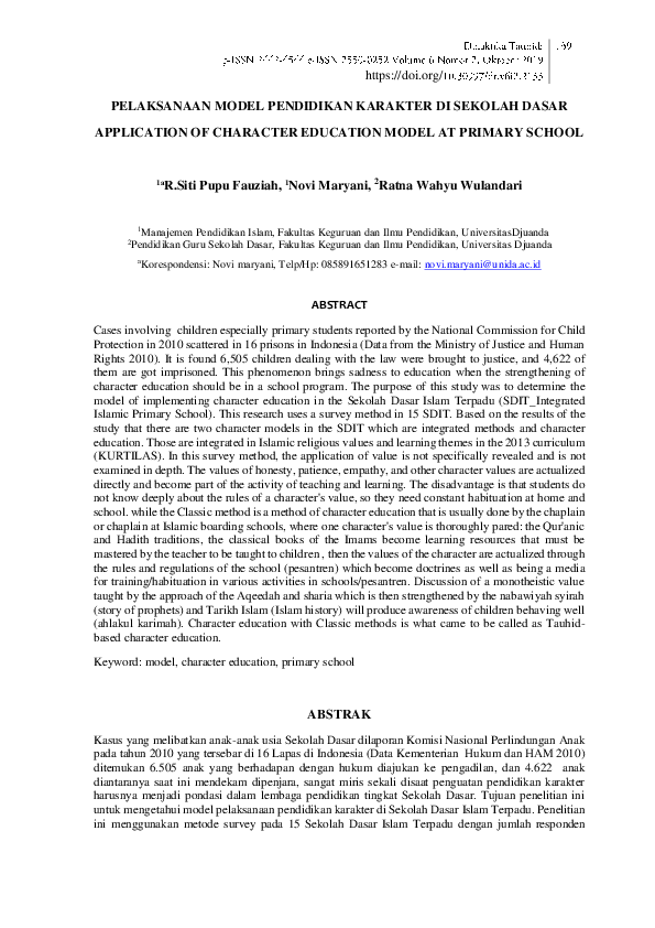 (PDF) Pelaksanaan Model Pendidikan Karakter DI Sekolah Dasar