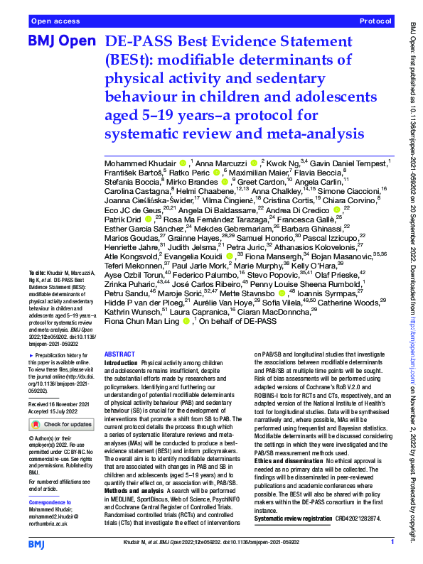 Pdf De Pass Best Evidence Statement Best Modifiable Determinants