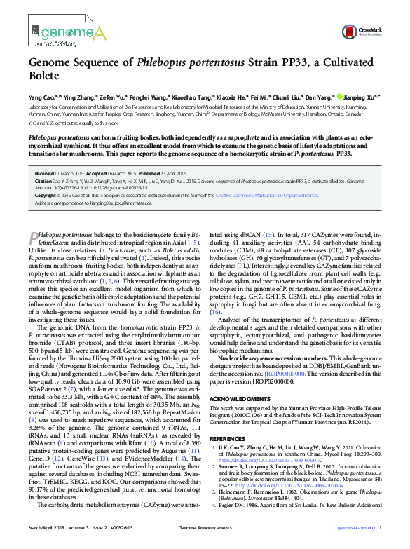 (PDF) Genome Sequence of Phlebopus portentosus Strain PP33, a ...