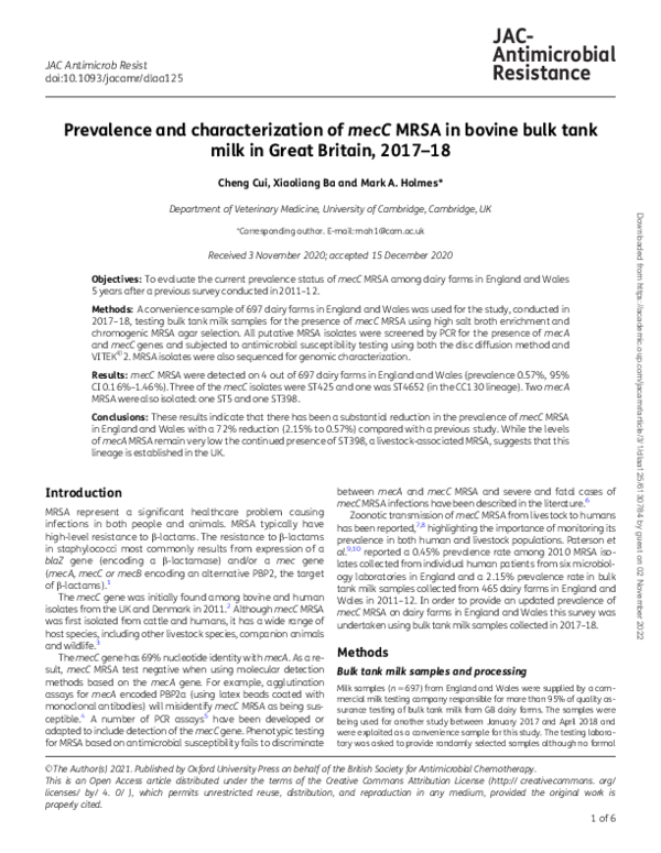 (PDF) Prevalence and characterization of mecC MRSA in bovine bulk tank ...
