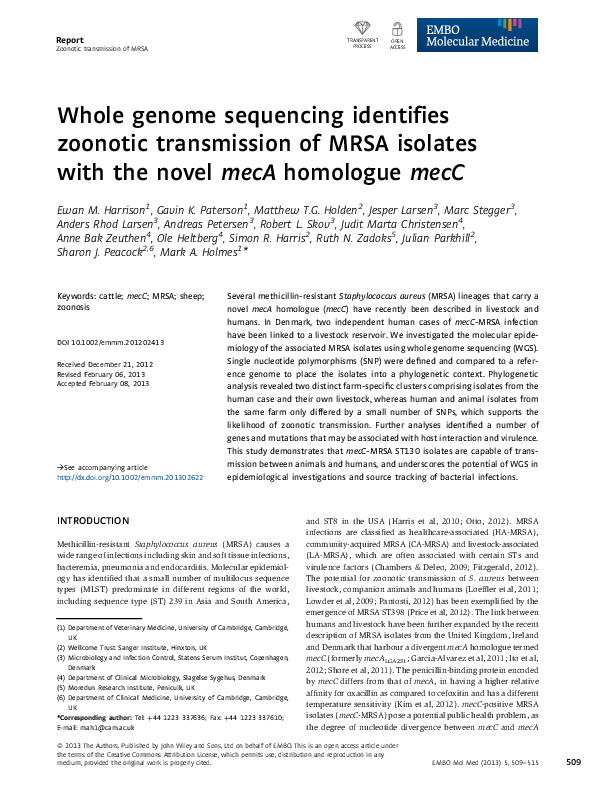 (PDF) Whole genome sequencing identifies zoonotic transmission of MRSA ...