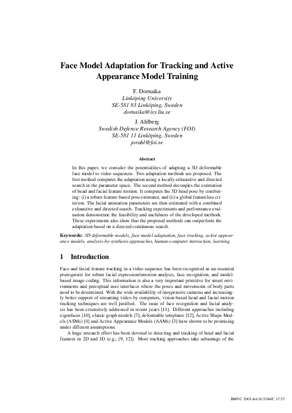 Pdf Face Model Adaptation For Tracking And Active Appearance Model Training Fadi Dornaika