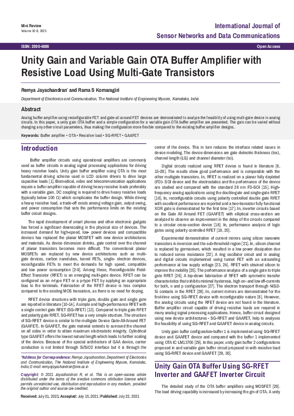 Pdf Unity Gain And Variable Gain Ota Buffer Amplifier With Resistive Load Using Multi Gate