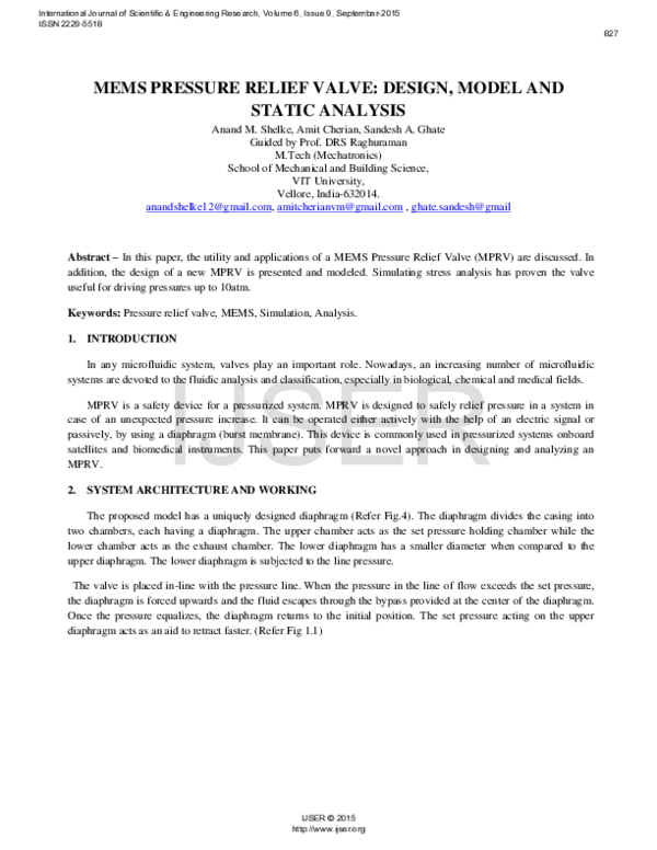 (PDF) Mems Pressure Relief Valve: Design, Model and Static Analysis