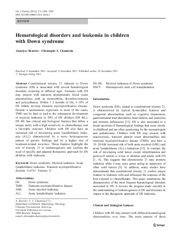 (PDF) Hematological disorders and leukemia in children with Down syndrome