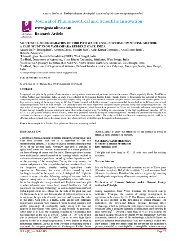 (PDF) Successful Biodegradation of Coir Pith Waste Using Novcom Composting Method: A Case Study ...