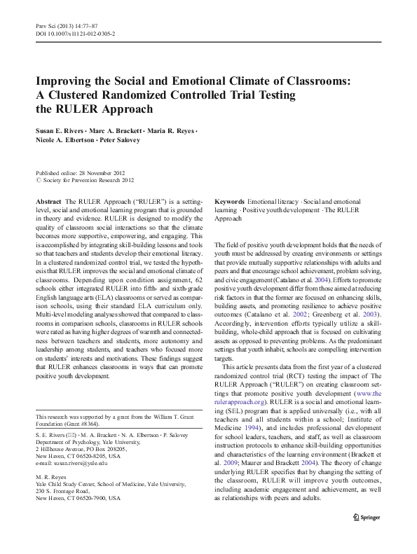 Pdf Improving The Social And Emotional Climate Of Classrooms A Clustered Randomized